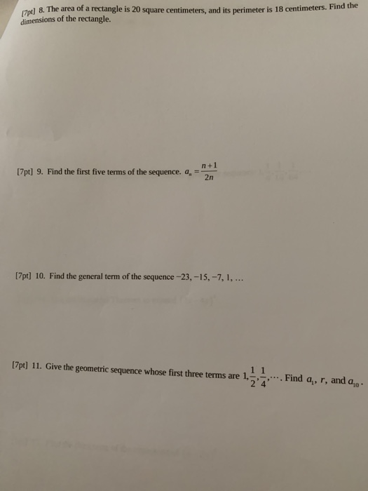 Solved 17pt] 8. The area of a rectangle is 20 square | Chegg.com