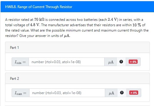 Solved HW8.8. ﻿Range of Current Through ResistorA resistor | Chegg.com