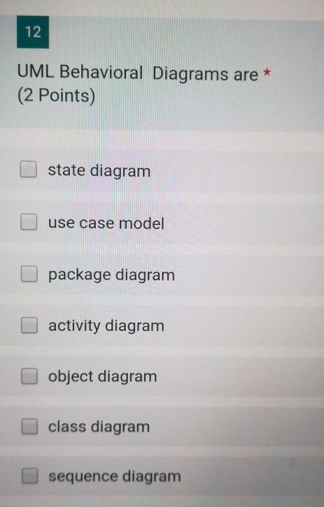 Solved 12 * UML Behavioral Diagrams are (2 Points) state | Chegg.com