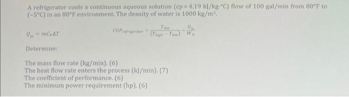 Solved A refrigerator cools a continuous aqueous solution | Chegg.com