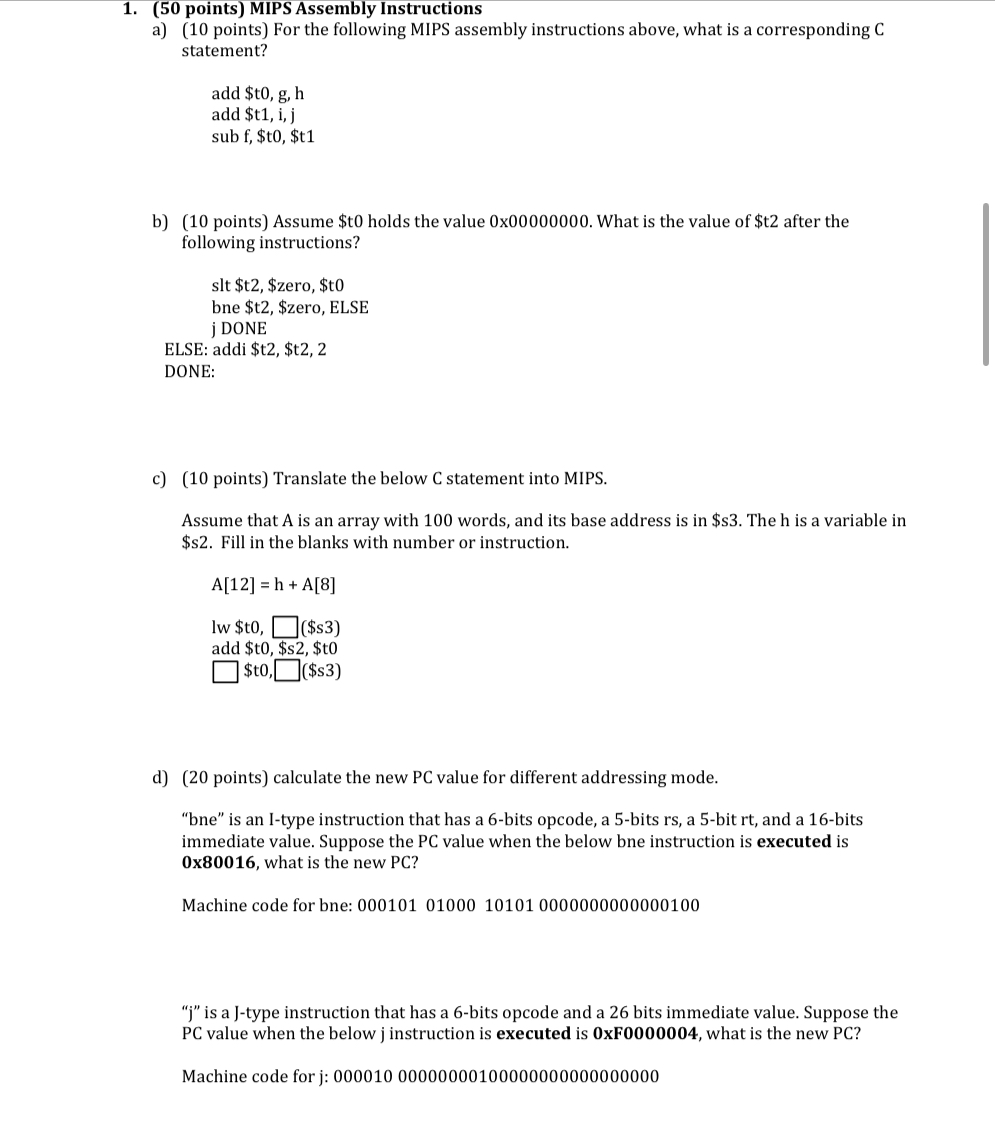 Solved (50 ﻿points) ﻿MIPS Assembly Instructionsa) (10 | Chegg.com