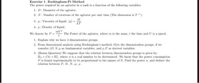 Exercise 1. Buckingham-Pi Method The power required | Chegg.com