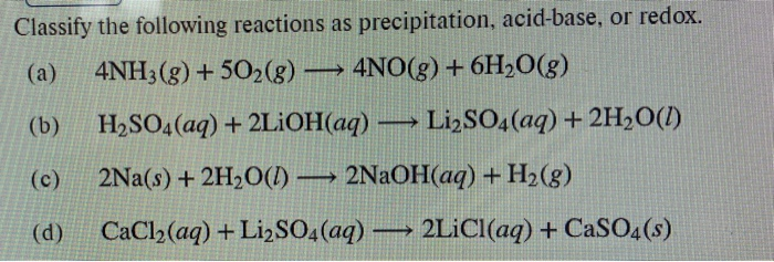 Solved Classify the following reactions as precipitation, | Chegg.com