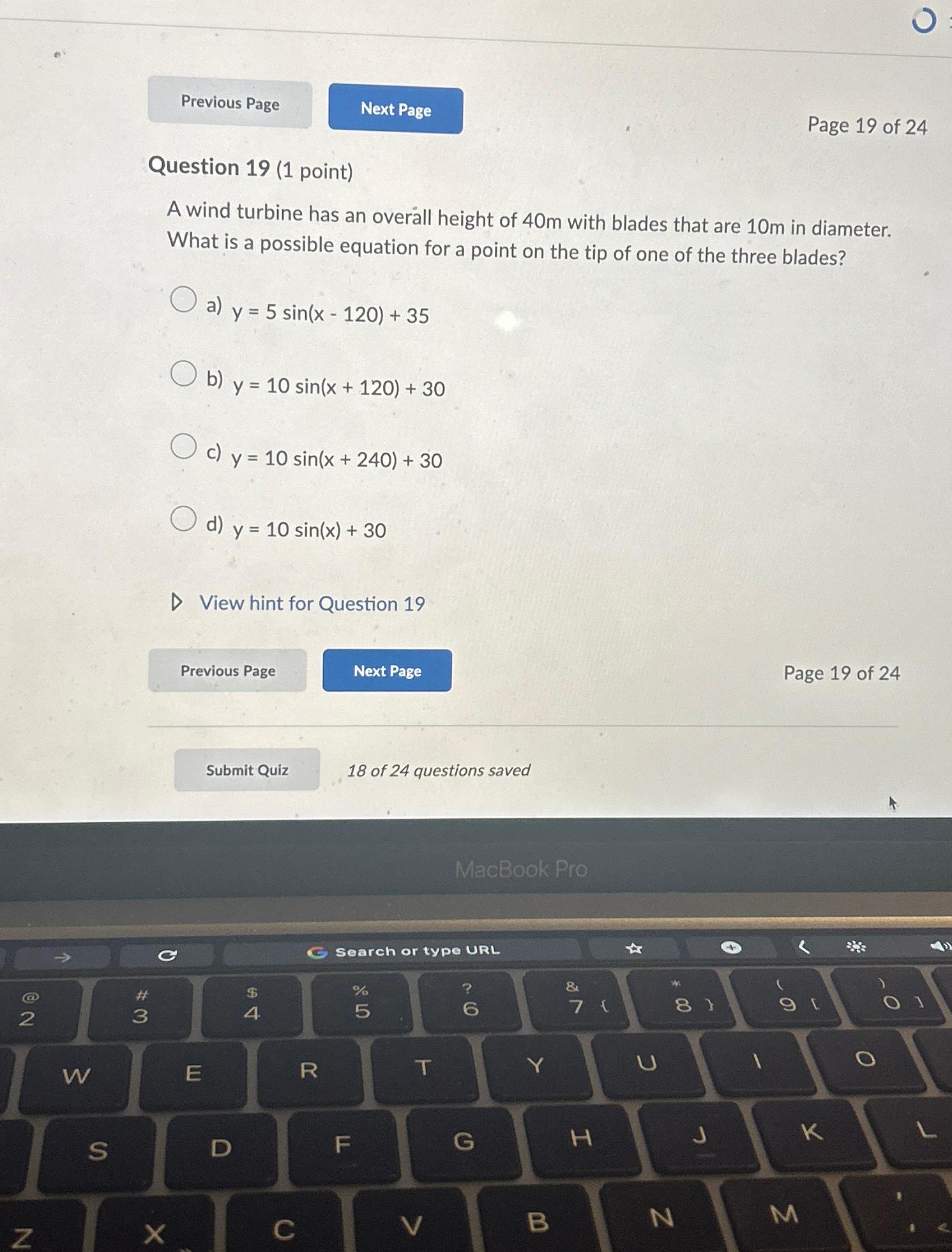 Solved Page 19 ﻿of 24Question 19 (1 ﻿point)A wind turbine | Chegg.com