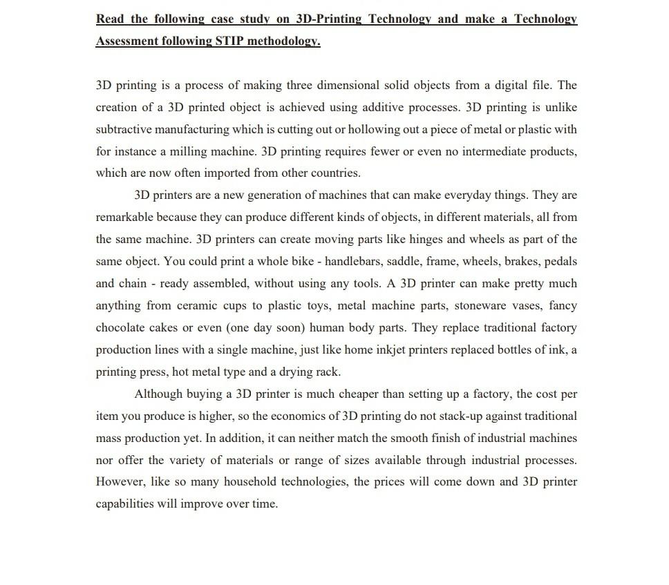 Solved Read the following case study on 3D-Printing | Chegg.com
