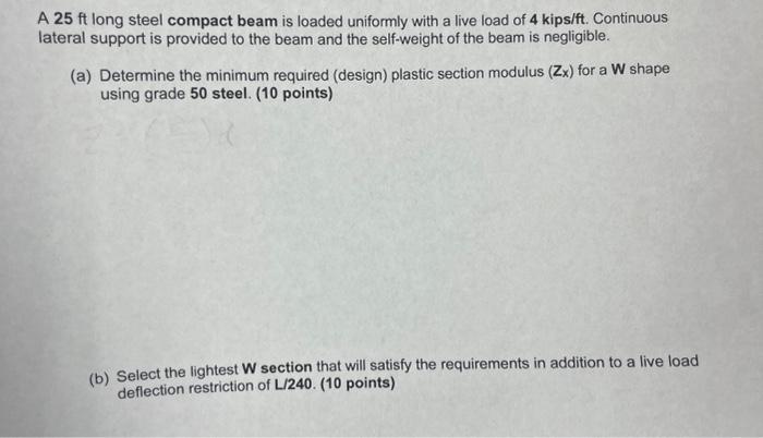 Solved A 25 ft long steel compact beam is loaded uniformly | Chegg.com