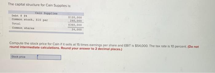 Solved The capital structure for Cain Supplies is: Cain | Chegg.com