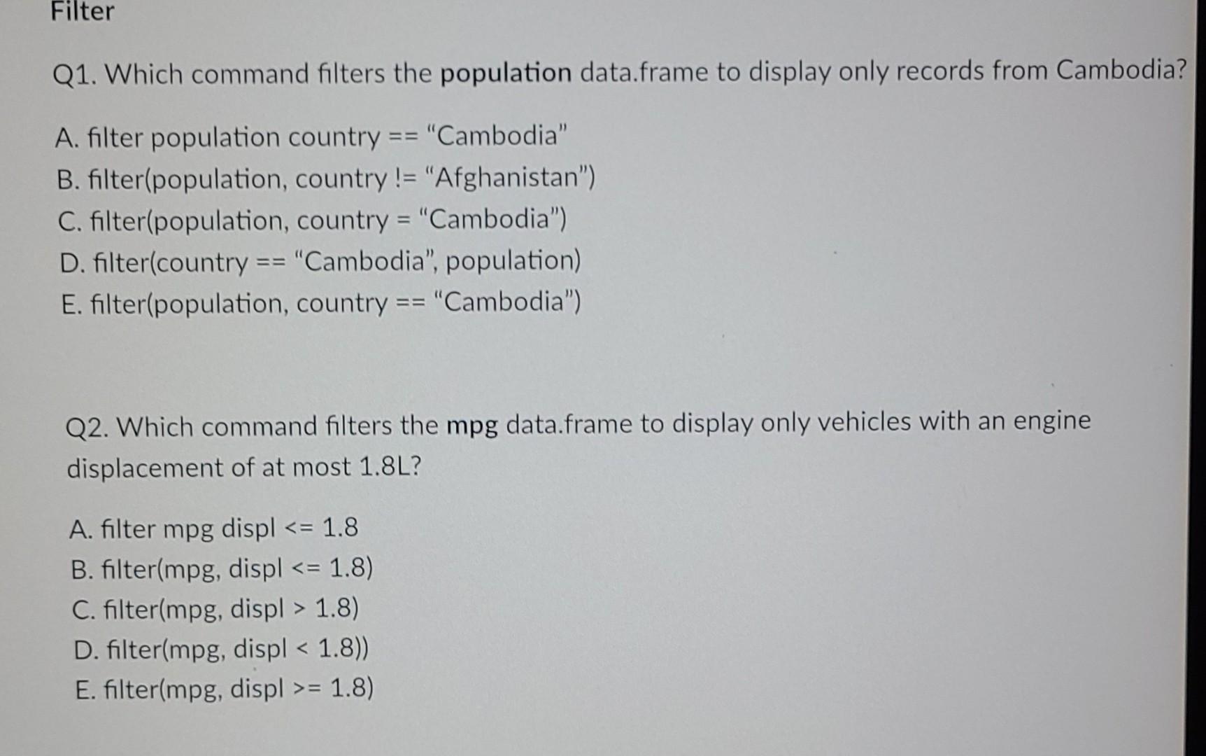 Solved Filter Q1. Which command filters the population | Chegg.com