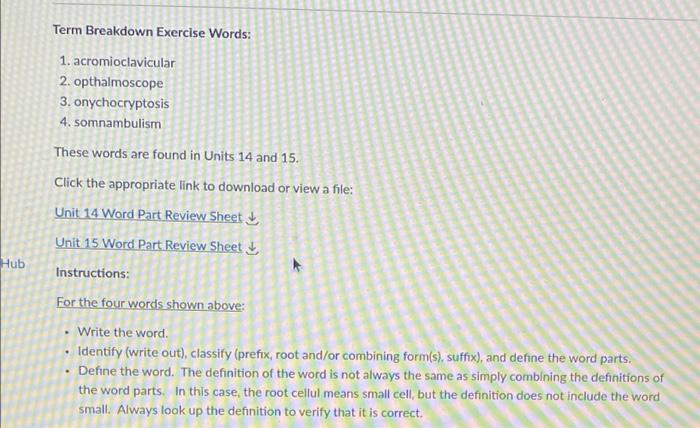 Solved Hub Term Breakdown Exercise Words: 1. | Chegg.com