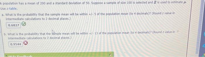 Solved population has a mean of 200 and a standard deviation | Chegg.com