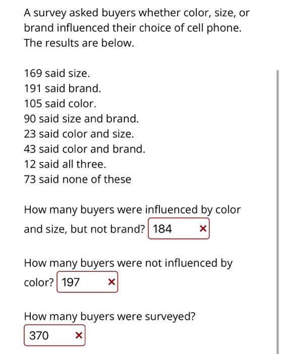 Solved A survey asked buyers whether color, size, or brand | Chegg.com