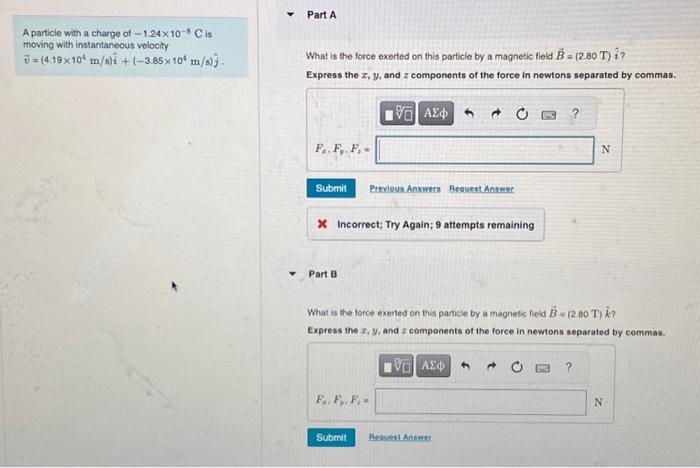Solved A particle with a charge of −1.24×10−5C is moving | Chegg.com