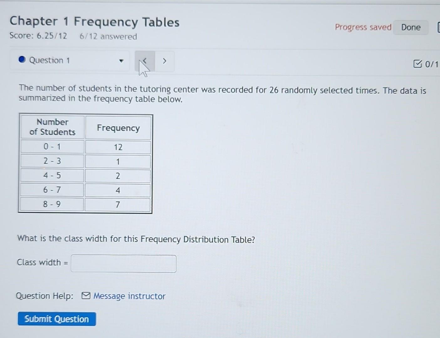 Solved Chapter 1 Frequency Tables Score: 6.25/126/12 | Chegg.com