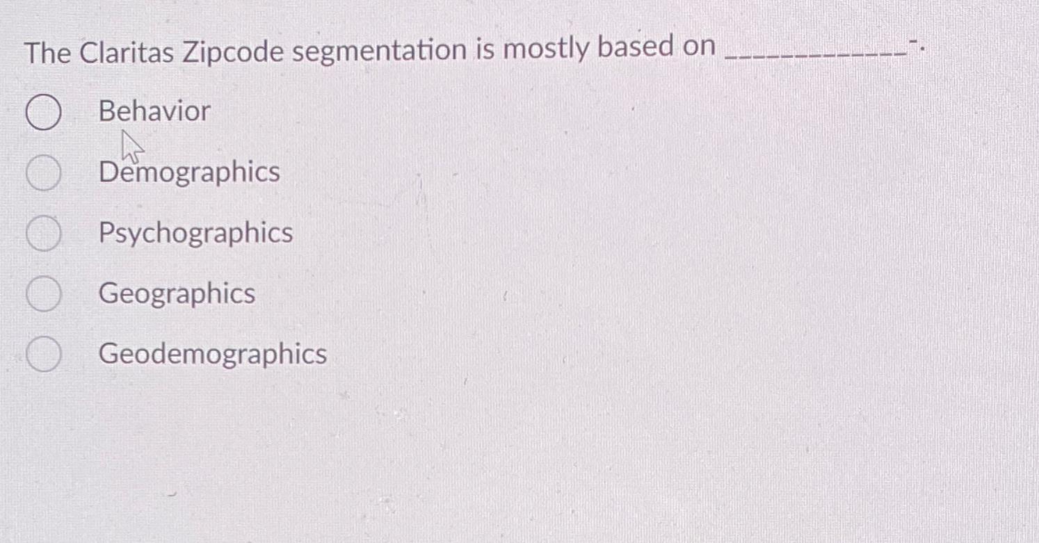 Solved The Claritas Zipcode segmentation is mostly based | Chegg.com