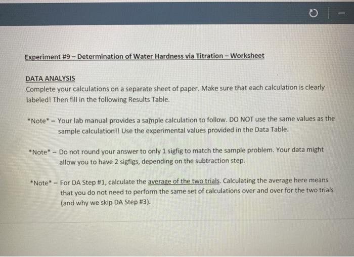 Solved Experiment #9 - Determination of Water Hardness via | Chegg.com