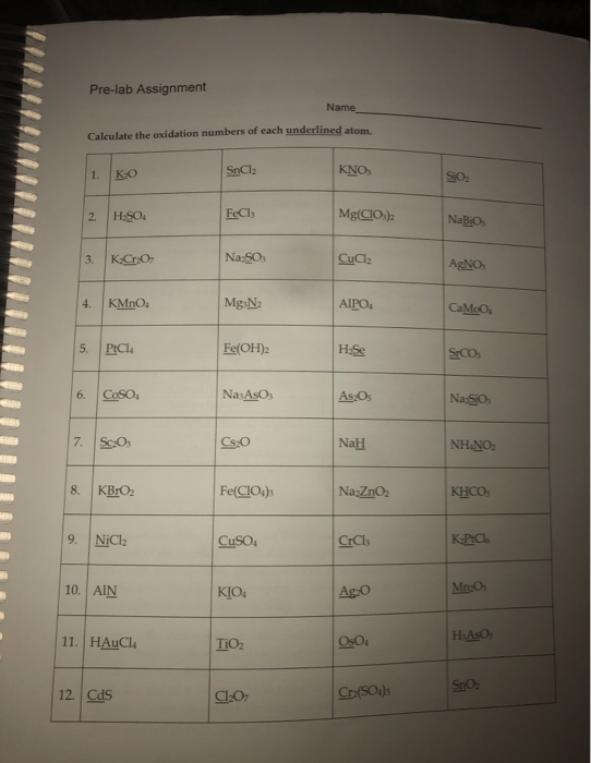 Solved Pre-lab Assignment Name Calculate the oxidation | Chegg.com