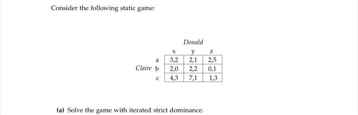 Solved Consider the following static game: Donald х y z a | Chegg.com