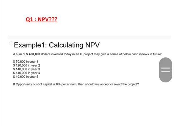 Solved Q1: NPV??? Example1: Calculating NPV A sum of $ | Chegg.com