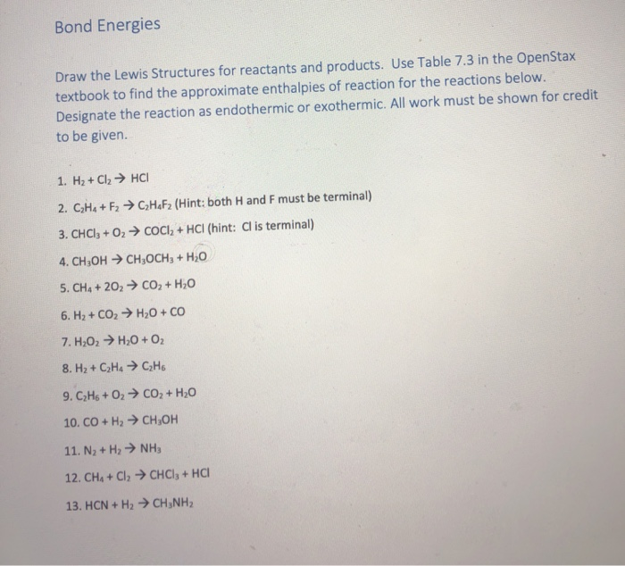 Solved Bond Energies Draw the Lewis Structures for reactants | Chegg.com