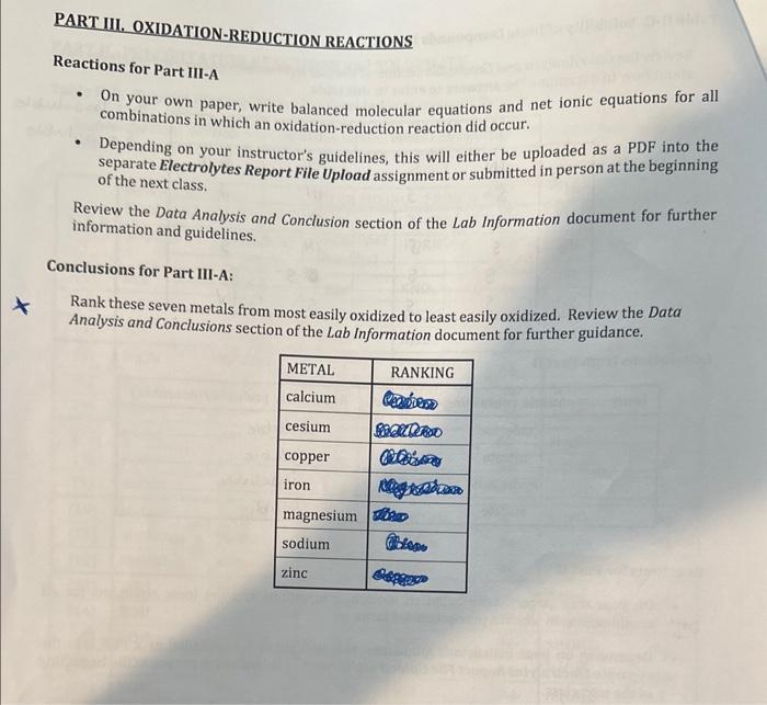 Solved CAIMI. OXIDATION-REDUCTION REACTIONS PART III, | Chegg.com