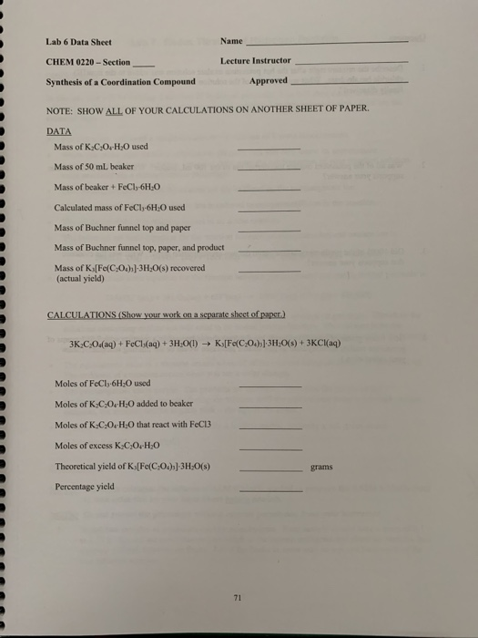 Lab 6 Data Sheet Name CHEM 0220 - Section Lecture | Chegg.com