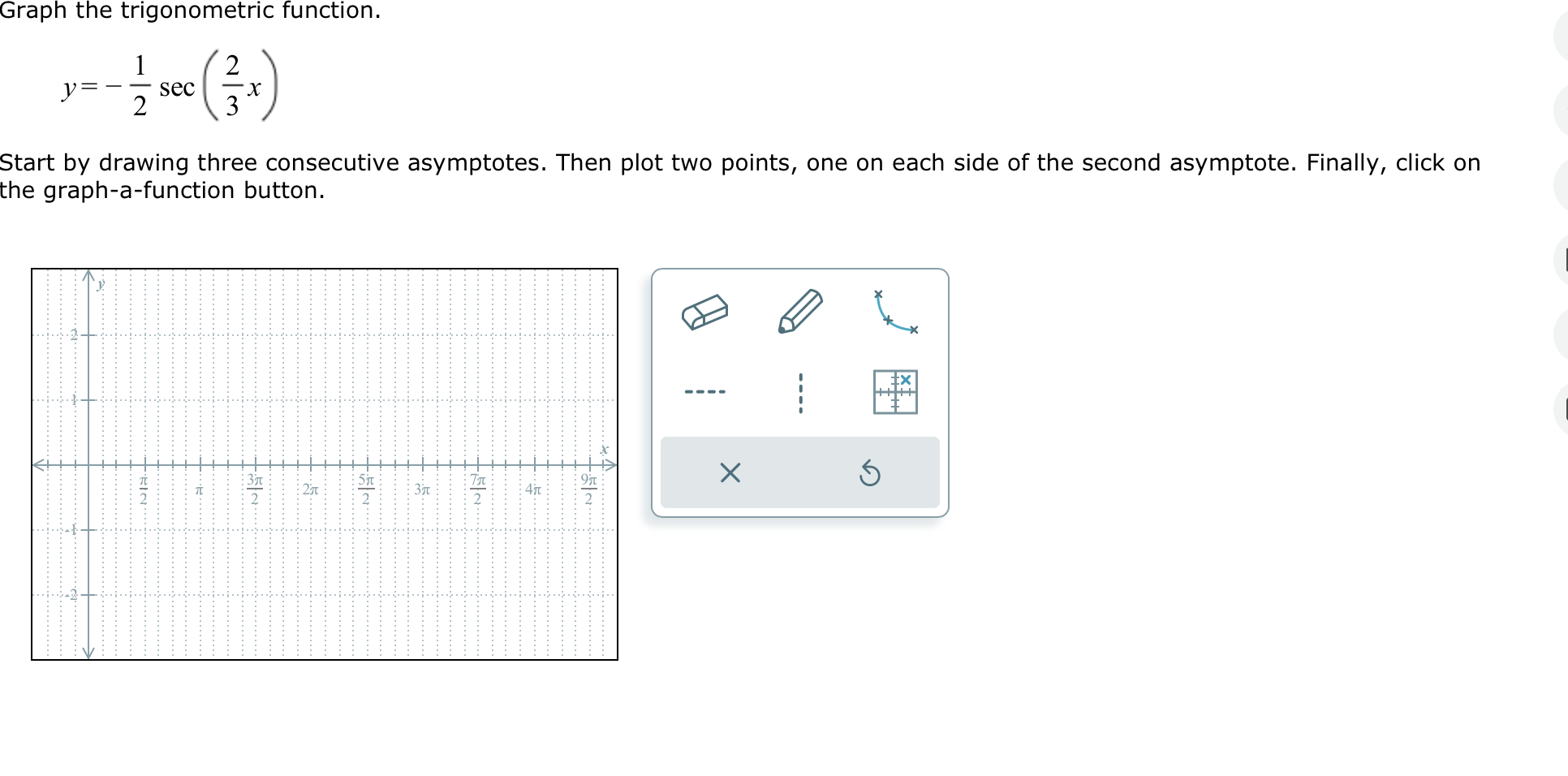 Solved Graph the trigonometric function.y=-12sec(23x)Start | Chegg.com
