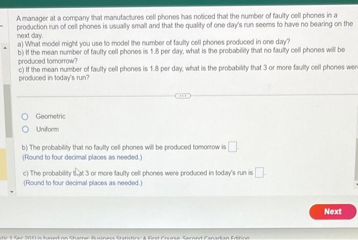 Solved A manager at a company that manufactures cell phones | Chegg.com