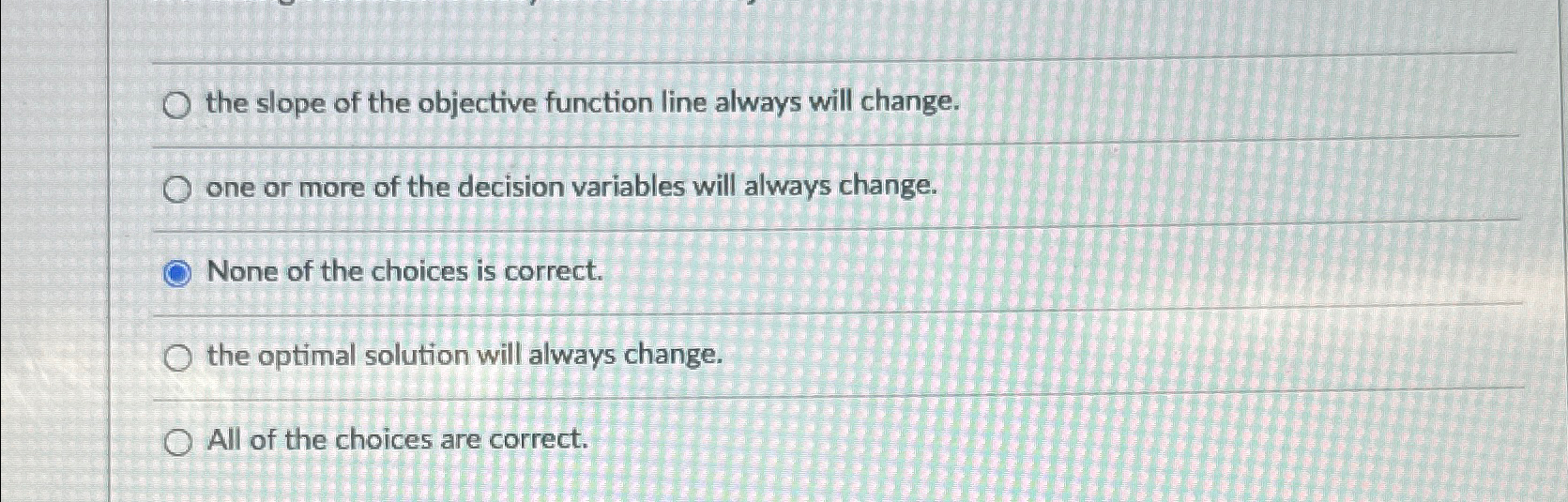 Solved the slope of the objective function line always will | Chegg.com