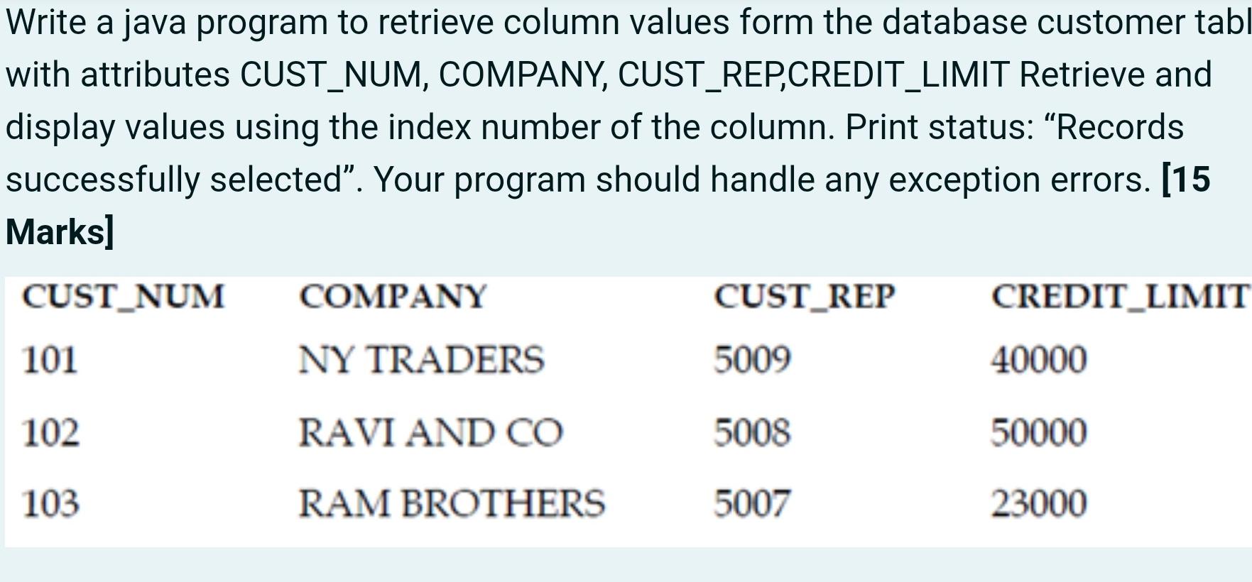 Solved Write A Java Program To Retrieve Column Values Form