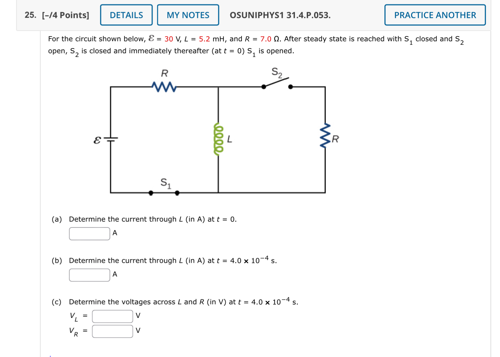 Solved For the circuit shown below, ε=30V,L=5.2mH, ﻿and | Chegg.com
