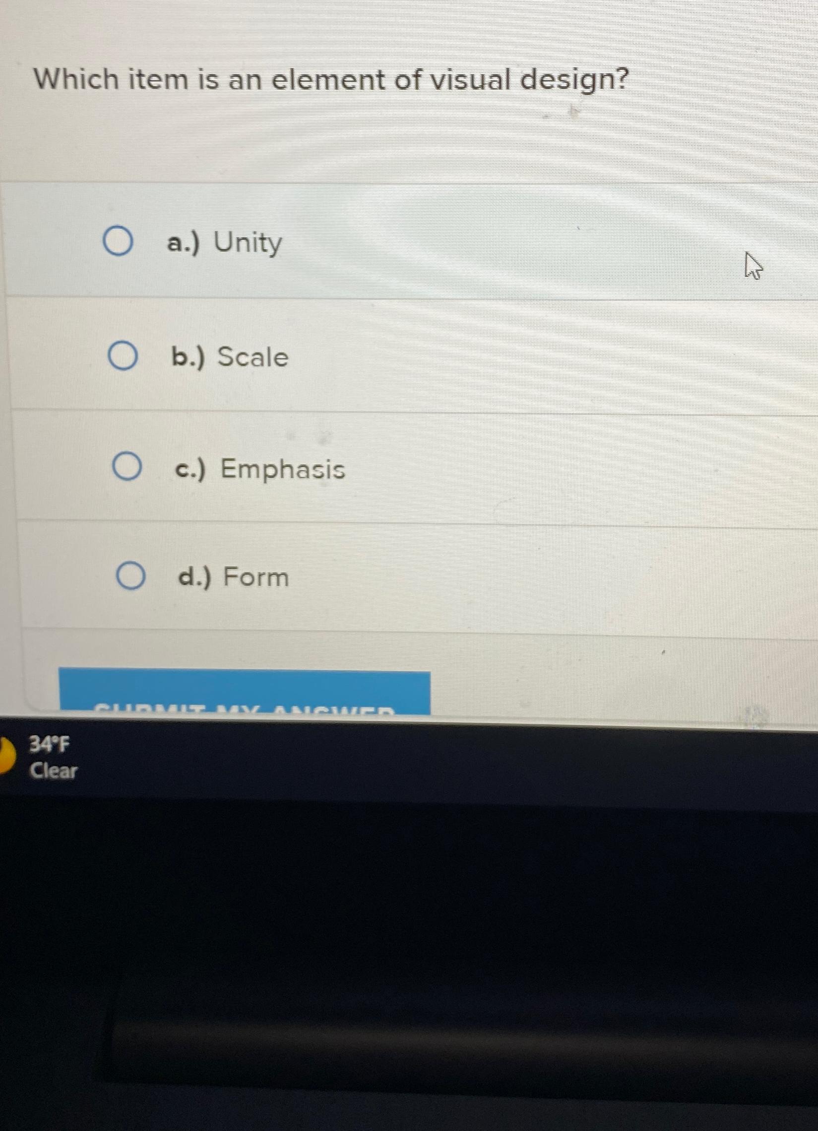 Solved Which item is an element of visual design?a.) | Chegg.com