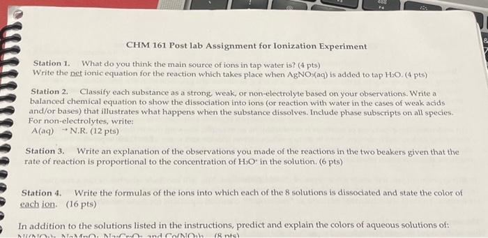Solved CHM 161 Post lab Assignment for Ionization Experiment | Chegg.com