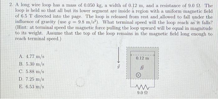 Solved 2. A long wire loop has a mass of 0.050 kg, a width | Chegg.com