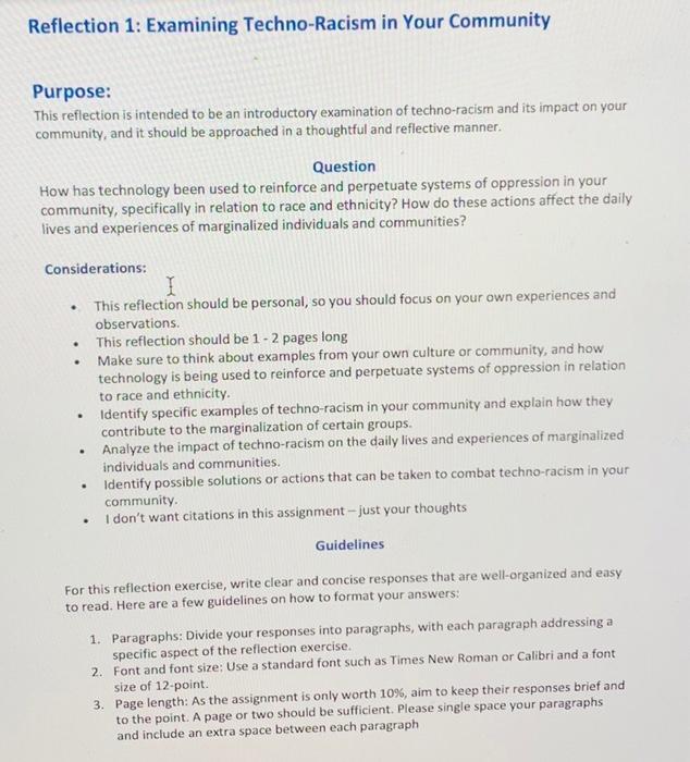 Reflection 1: Examining Techno-Racism in Your | Chegg.com