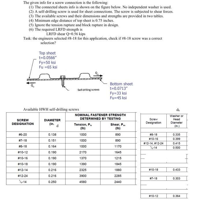 The given info for a screw connection is the | Chegg.com