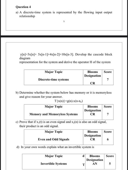 Solved Question 4 a) A discrete-time system is represented | Chegg.com