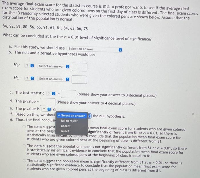 Solved The average final exam score for the statistics | Chegg.com