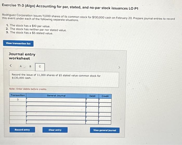 Solved Exercise 11-3 (Algo) Accounting for par, stated, and | Chegg.com