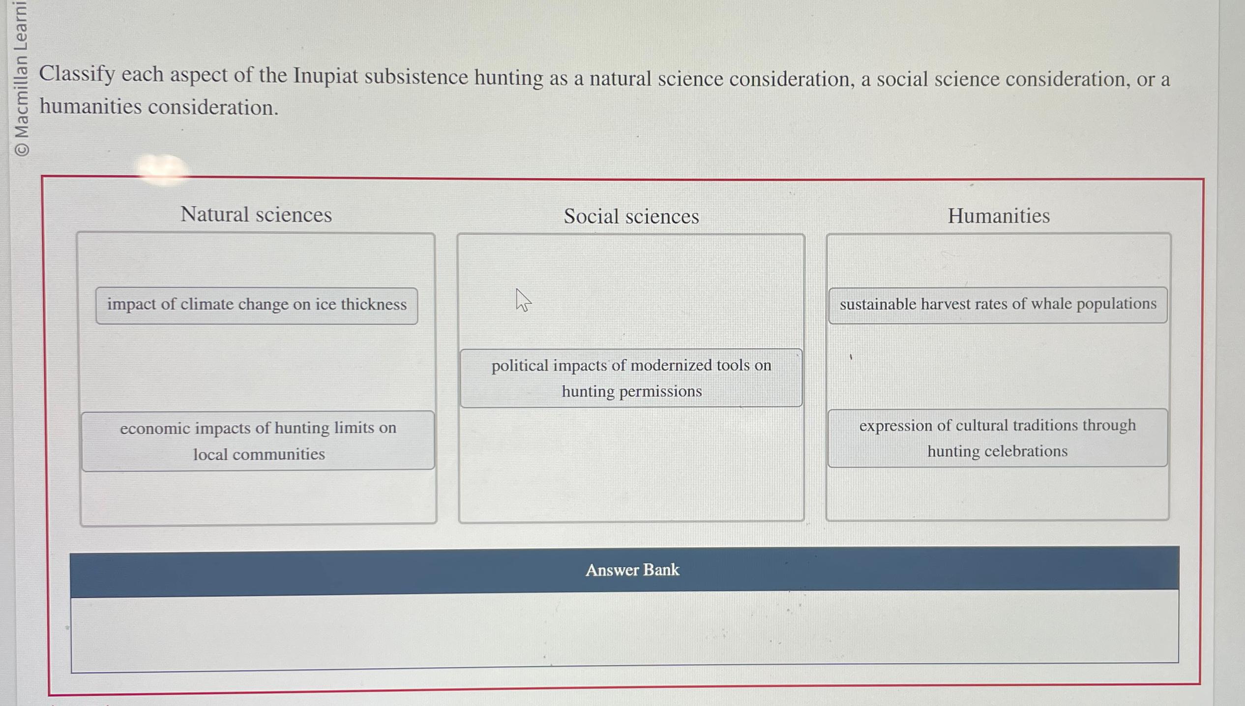 Solved Classify each aspect of the Inupiat subsistence | Chegg.com