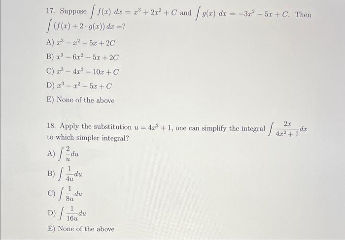 Solved 17. Suppose ∫f(x)dx=x3+2x2+C and ∫g(x)dx=−3x2−5x+C. | Chegg.com