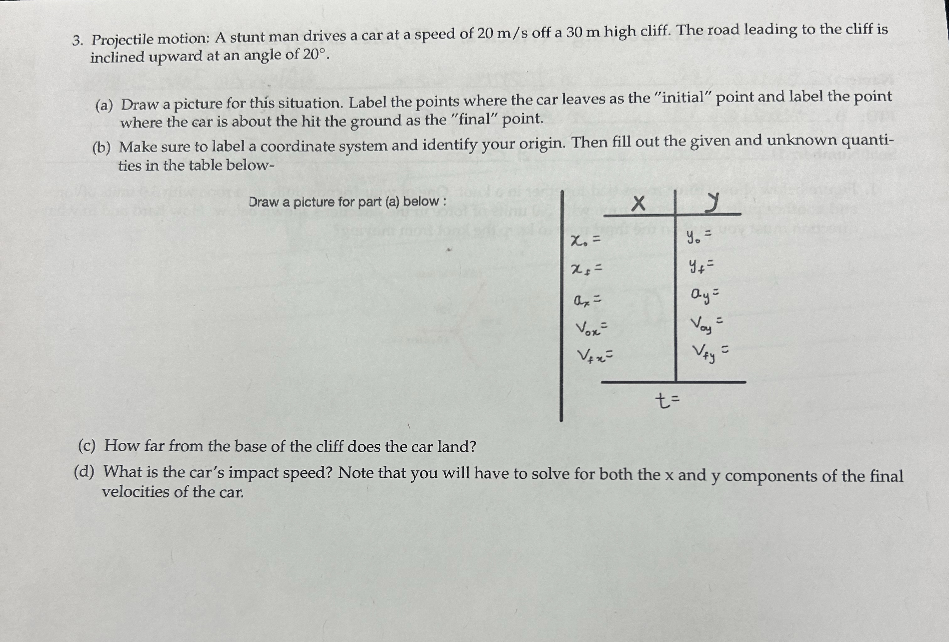 Solved Projectile motion: A stunt man drives a car at a | Chegg.com