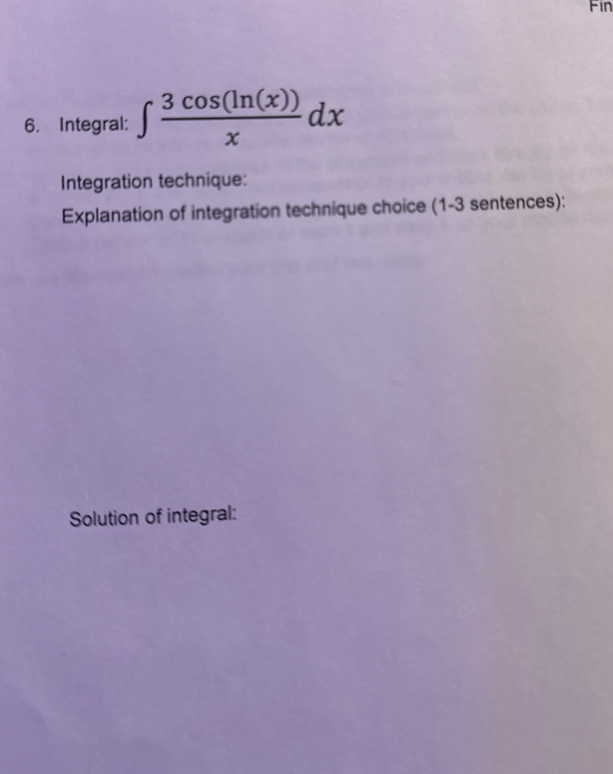 Solved Integral: ∫﻿﻿3cos(ln(x))xdxIntegration | Chegg.com