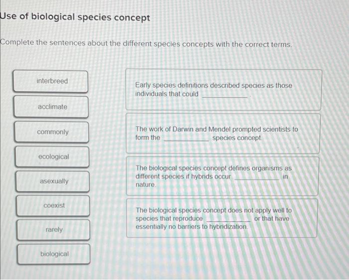 Solved Use of biological species concept Complete the | Chegg.com