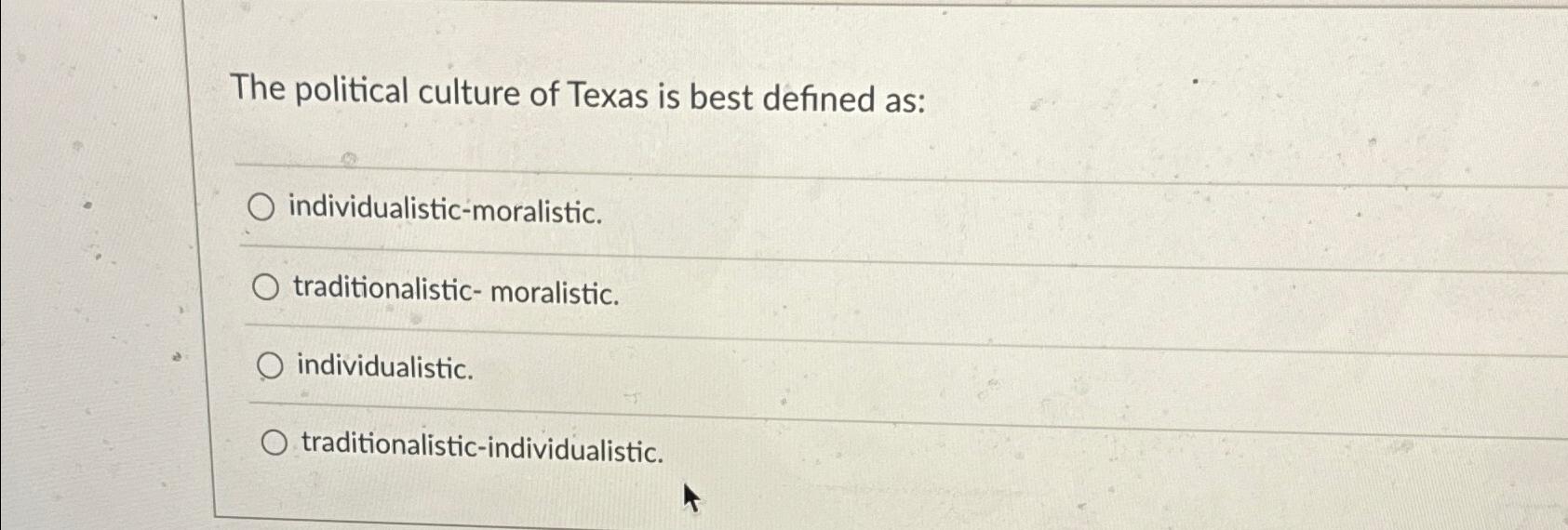 Solved The political culture of Texas is best defined | Chegg.com