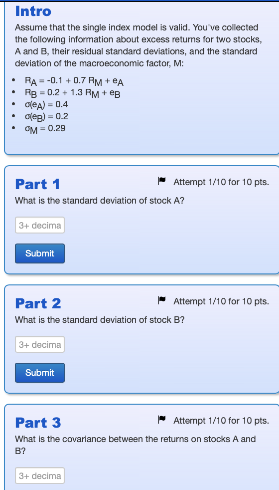 Solved IntroAssume that the single index model is valid. | Chegg.com