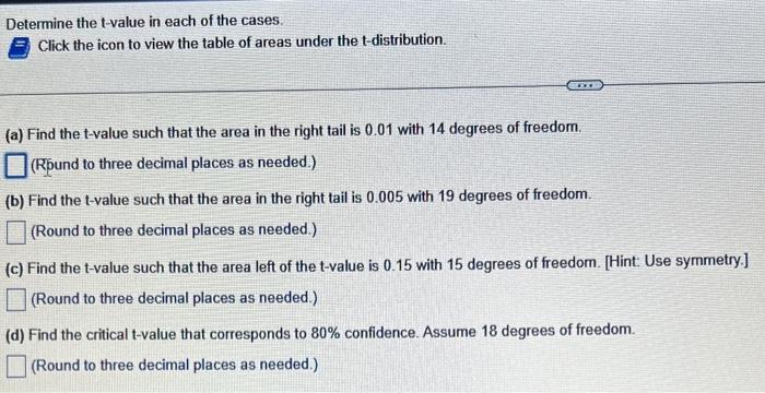 Solved Determine the t-value in each of the cases. Click the | Chegg.com