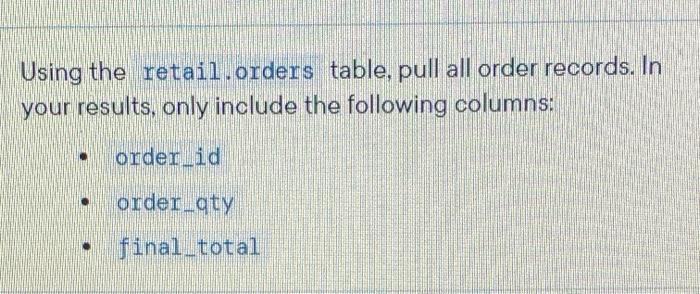 Solved Using the retail.orders table, pull all order | Chegg.com