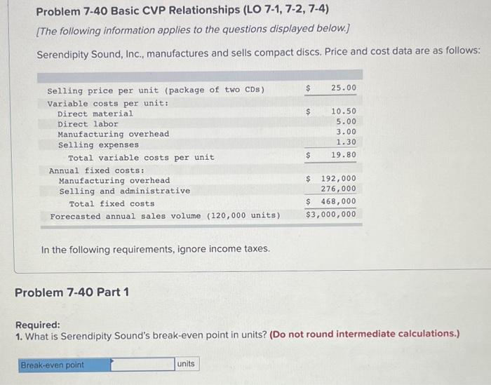Solved Problem 7-40 Basic CVP Relationships (LO 7-1, 7-2, | Chegg.com