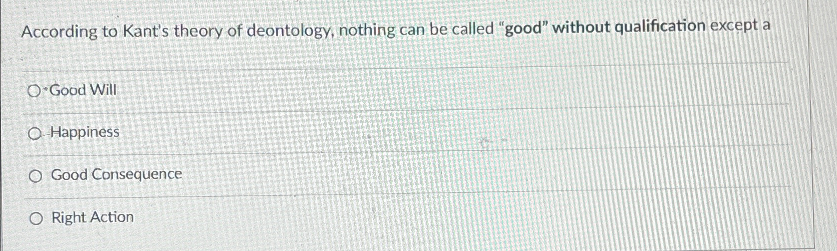Solved According to Kant's theory of deontology, nothing can | Chegg.com