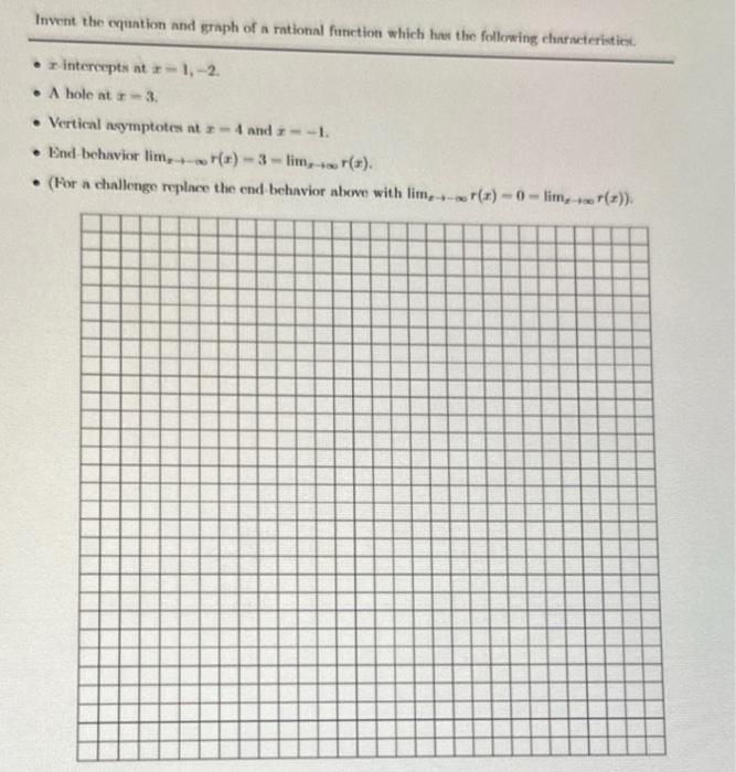 Solved Invent the equation and graph of a rational function | Chegg.com